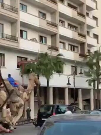 The video depicts a street scene with traffic and tall buildings in ...